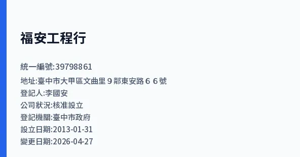 福安工程行的照片-統編 39798861(臺中市) 公司登記資料與營業項目詳細圖表