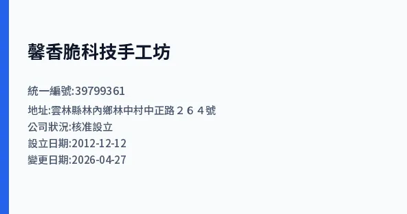 馨香脆科技手工坊的照片-統編 39799361(雲林縣) 公司登記資料與營業項目詳細圖表