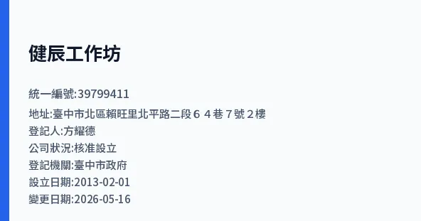 健辰工作坊的照片-統編 39799411(臺中市) 公司登記資料與營業項目詳細圖表