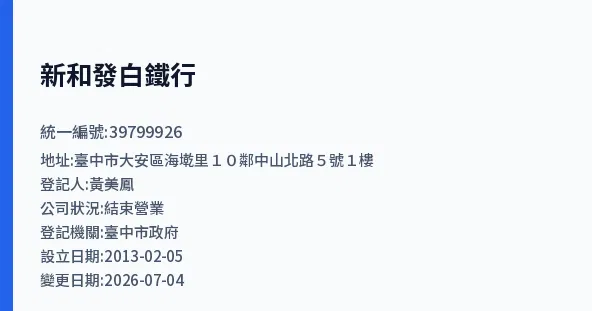 新和發白鐵行的照片-統編 39799926(臺中市) 公司登記資料與營業項目詳細圖表