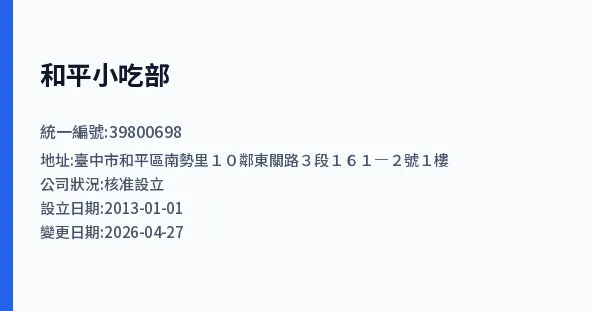 和平小吃部的照片-統編 39800698(臺中市) 公司登記資料與營業項目詳細圖表