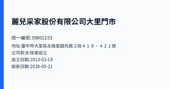 麗兒采家股份有限公司大里門市的照片-統編 39801253(臺中市) 公司登記資料與營業項目詳細圖表