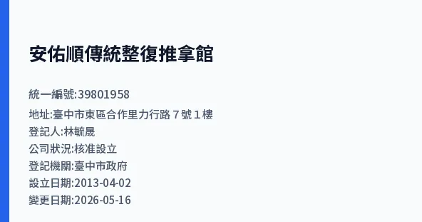 安佑順傳統整復推拿館的照片-統編 39801958(臺中市) 公司登記資料與營業項目詳細圖表