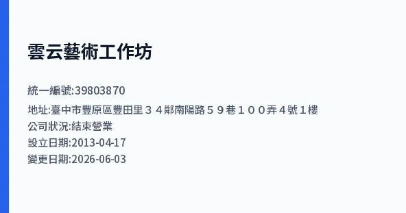 雲云藝術工作坊的照片-統編 39803870(臺中市) 公司登記資料與營業項目詳細圖表