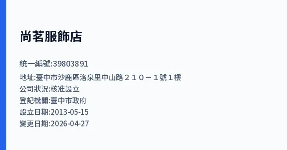 尚茗服飾店的照片-統編 39803891(臺中市) 公司登記資料與營業項目詳細圖表