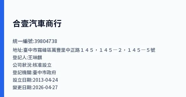 合壹汽車商行的照片-統編 39804738(臺中市) 公司登記資料與營業項目詳細圖表