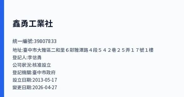 鑫勇工業社的照片-統編 39807833(臺中市) 公司登記資料與營業項目詳細圖表