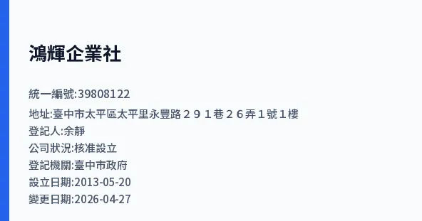 鴻輝企業社的照片-統編 39808122(臺中市) 公司登記資料與營業項目詳細圖表