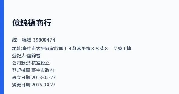 億錦德商行的照片-統編 39808474(臺中市) 公司登記資料與營業項目詳細圖表