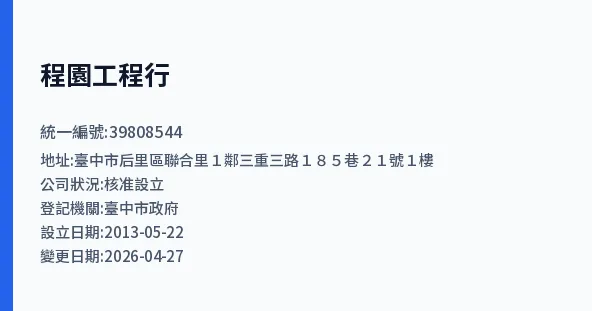 程園工程行的照片-統編 39808544(臺中市) 公司登記資料與營業項目詳細圖表