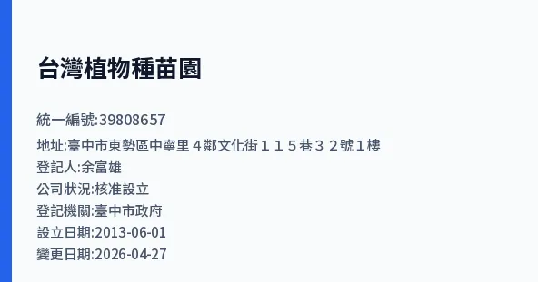 台灣植物種苗園的照片-統編 39808657(臺中市) 公司登記資料與營業項目詳細圖表