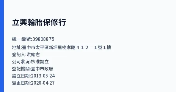 立興輪胎保修行的照片-統編 39808875(臺中市) 公司登記資料與營業項目詳細圖表