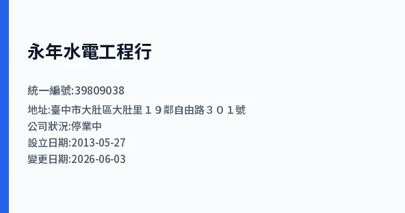 永年水電工程行的照片-統編 39809038(臺中市) 公司登記資料與營業項目詳細圖表