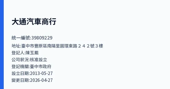 大通汽車商行的照片-統編 39809229(臺中市) 公司登記資料與營業項目詳細圖表