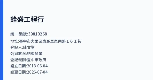 銓盛工程行的照片-統編 39810268(臺中市) 公司登記資料與營業項目詳細圖表