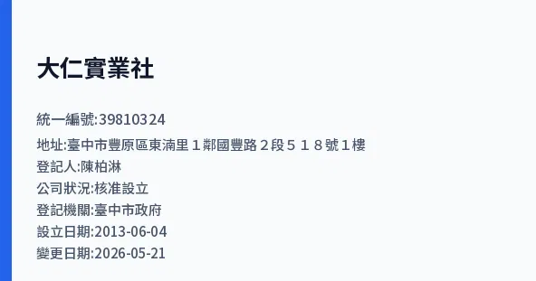 大仁實業社的照片-統編 39810324(臺中市) 公司登記資料與營業項目詳細圖表