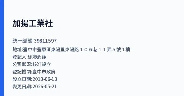 加揚工業社的照片-統編 39811597(臺中市) 公司登記資料與營業項目詳細圖表