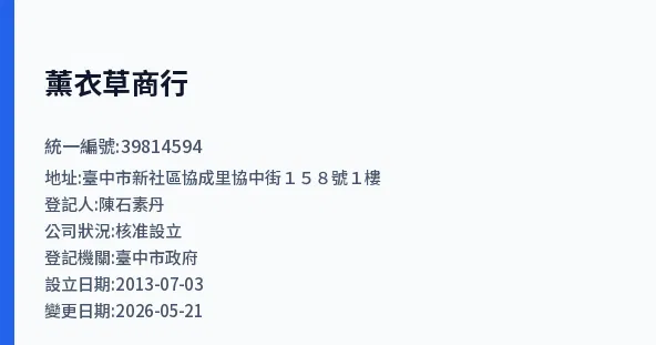 薰衣草商行的照片-統編 39814594(臺中市) 公司登記資料與營業項目詳細圖表