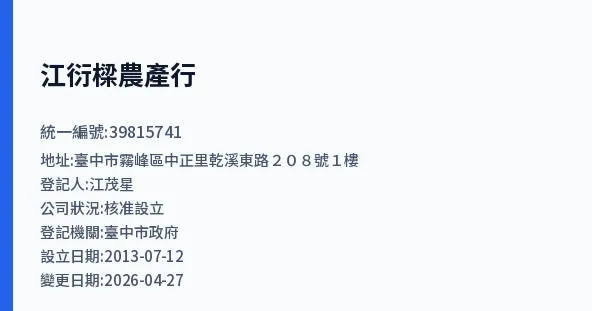 江衍樑農產行的照片-統編 39815741(臺中市) 公司登記資料與營業項目詳細圖表