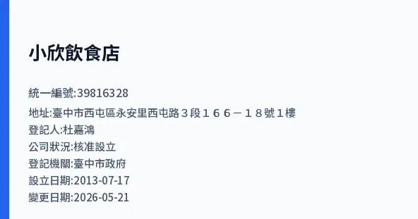 小欣飲食店的照片-統編 39816328(臺中市) 公司登記資料與營業項目詳細圖表