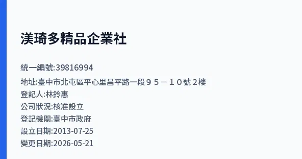 渼琦多精品企業社的照片-統編 39816994(臺中市) 公司登記資料與營業項目詳細圖表