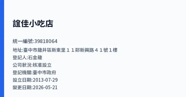 誼佳小吃店的照片-統編 39818064(臺中市) 公司登記資料與營業項目詳細圖表