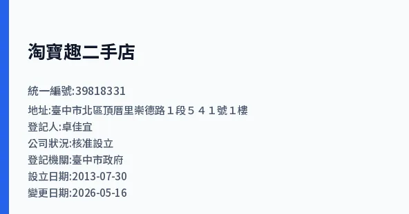淘寶趣二手店的照片-統編 39818331(臺中市) 公司登記資料與營業項目詳細圖表
