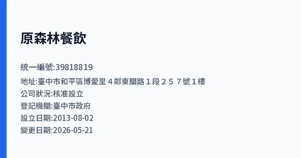 原森林餐飲的照片-統編 39818819(臺中市) 公司登記資料與營業項目詳細圖表