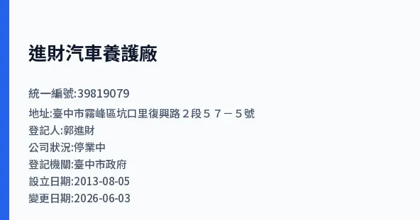 進財汽車養護廠的照片-統編 39819079(臺中市) 公司登記資料與營業項目詳細圖表