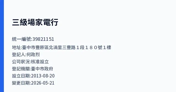 三級場家電行的照片-統編 39821151(臺中市) 公司登記資料與營業項目詳細圖表