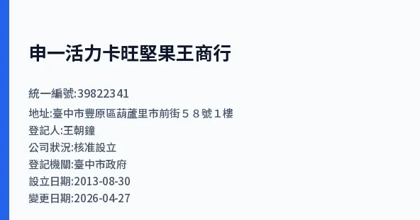 申一活力卡旺堅果王商行的照片-統編 39822341(臺中市) 公司登記資料與營業項目詳細圖表