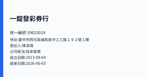 一錠發彩券行的照片-統編 39823019(臺中市) 公司登記資料與營業項目詳細圖表