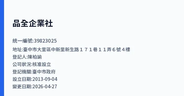 品全企業社的照片-統編 39823025(臺中市) 公司登記資料與營業項目詳細圖表