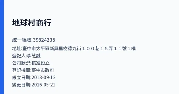 地球村商行的照片-統編 39824235(臺中市) 公司登記資料與營業項目詳細圖表