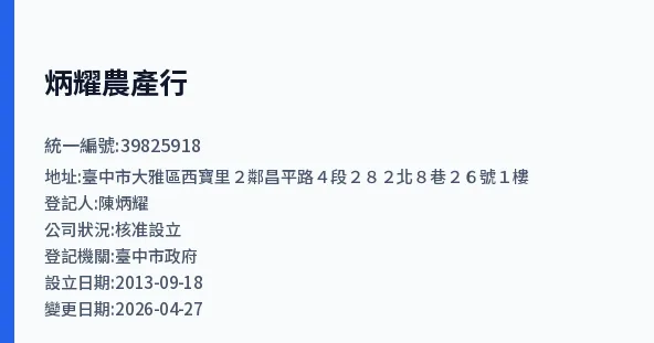 炳耀農產行的照片-統編 39825918(臺中市) 公司登記資料與營業項目詳細圖表