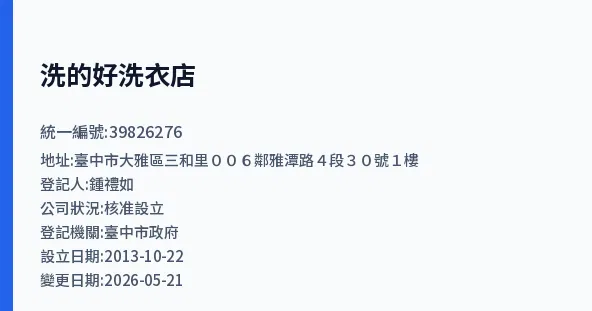 洗的好洗衣店的照片-統編 39826276(臺中市) 公司登記資料與營業項目詳細圖表
