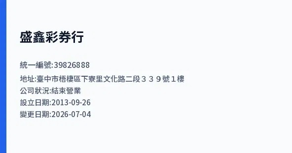 盛鑫彩券行的照片-統編 39826888(臺中市) 公司登記資料與營業項目詳細圖表