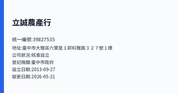 立誠農產行的照片-統編 39827535(臺中市) 公司登記資料與營業項目詳細圖表