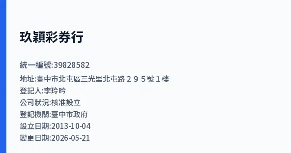 玖穎彩券行的照片-統編 39828582(臺中市) 公司登記資料與營業項目詳細圖表