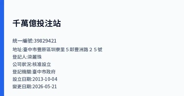 千萬億投注站的照片-統編 39829421(臺中市) 公司登記資料與營業項目詳細圖表