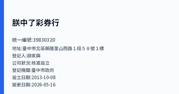 朕中了彩券行的照片-統編 39830320(臺中市) 公司登記資料與營業項目詳細圖表