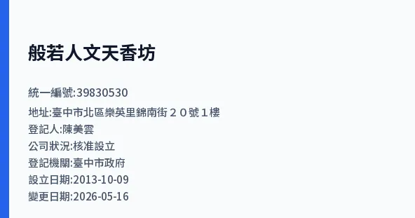 般若人文天香坊的照片-統編 39830530(臺中市) 公司登記資料與營業項目詳細圖表