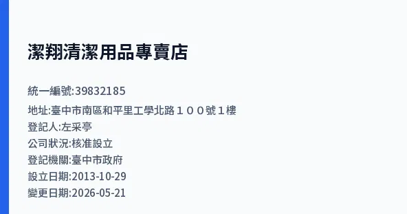 潔翔清潔用品專賣店的照片-統編 39832185(臺中市) 公司登記資料與營業項目詳細圖表