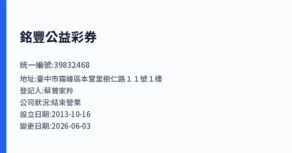 銘豐公益彩券的照片-統編 39832468(臺中市) 公司登記資料與營業項目詳細圖表