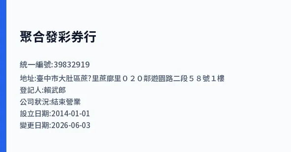 聚合發彩券行的照片-統編 39832919(臺中市) 公司登記資料與營業項目詳細圖表