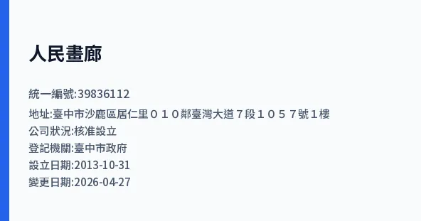 人民畫廊的照片-統編 39836112(臺中市) 公司登記資料與營業項目詳細圖表