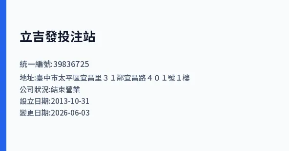 立吉發投注站的照片-統編 39836725(臺中市) 公司登記資料與營業項目詳細圖表