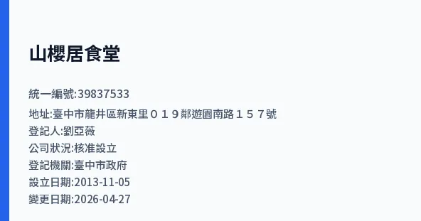 山櫻居食堂的照片-統編 39837533(臺中市) 公司登記資料與營業項目詳細圖表