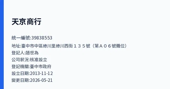 天京商行的照片-統編 39838553(臺中市) 公司登記資料與營業項目詳細圖表