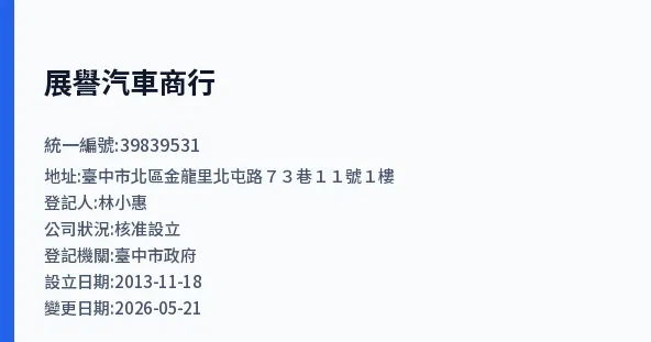 展譽汽車商行的照片-統編 39839531(臺中市) 公司登記資料與營業項目詳細圖表